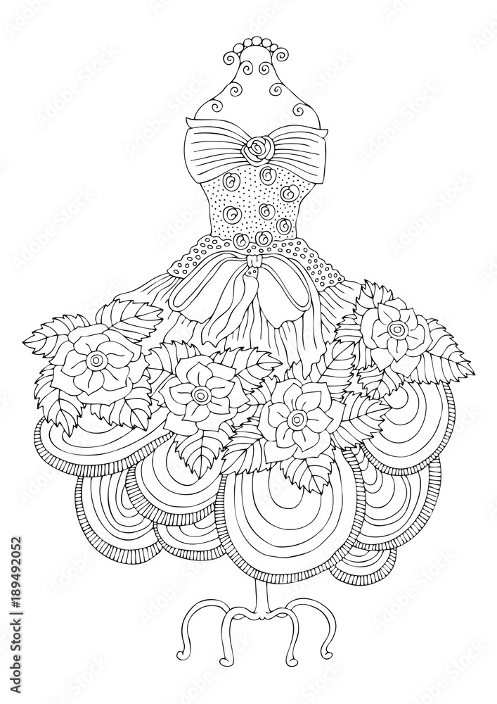 Women's lace dress. Hand drawn illustration for coloring page, poster ...