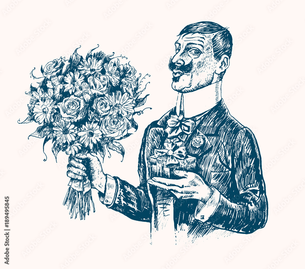Elegant gentleman holding gift box and stretching out bouquet of ...