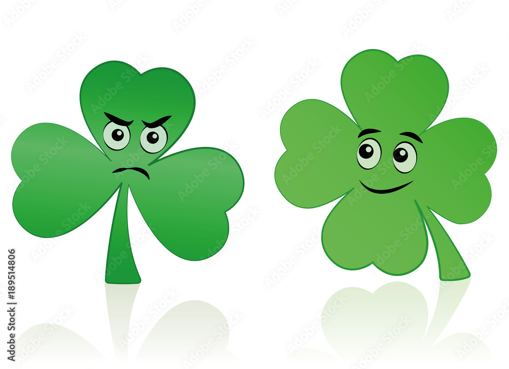 Clover leaf and shamrock comic faces - happy smiling and angry figure ...