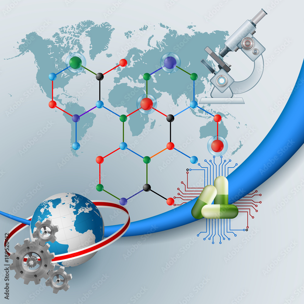 Abstract computer graphic with 3d gears, microscope and hexagonal ...