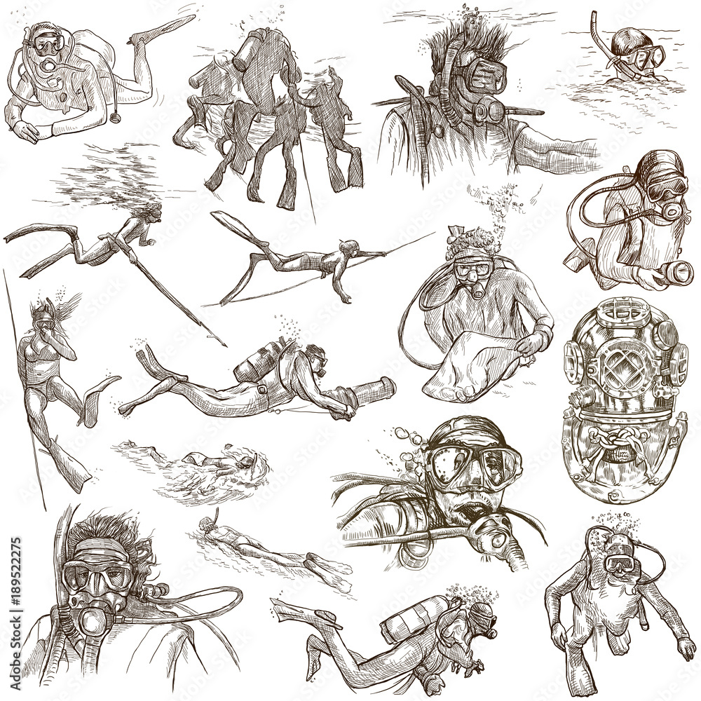 DIVING - An hand drawn collection. Freehand drawing. Line art sketching ...