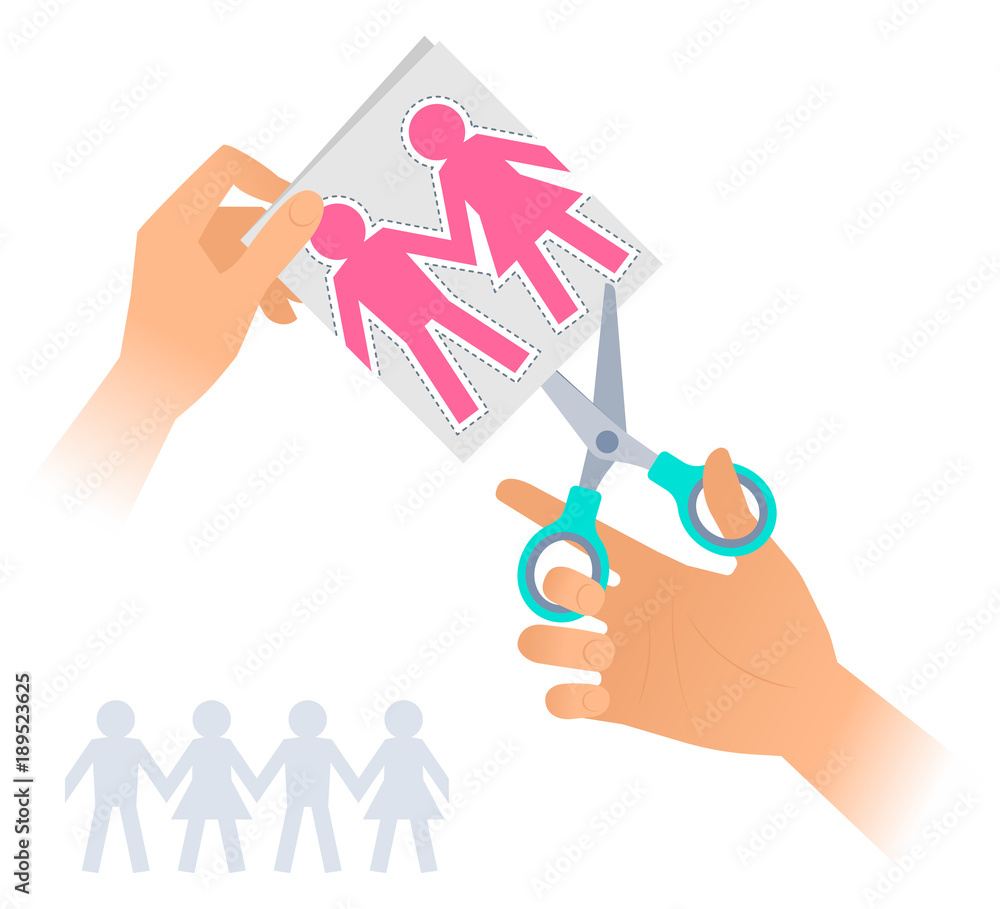 Hand with a pair of scissors cuts out paper men and women. Flat ...