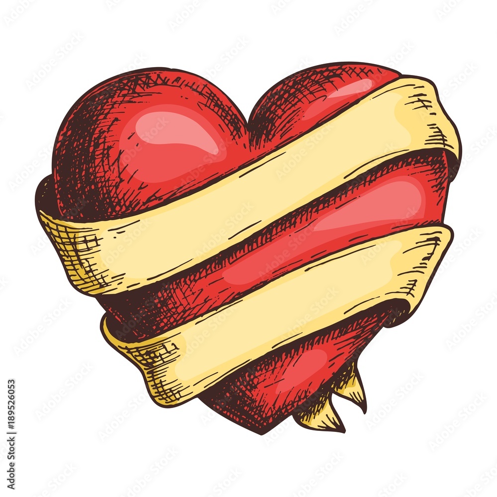 Hand drawn red heart with ribbon, colorful draft sketch isolated on ...