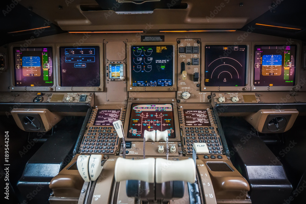 Closeup high detailed view on engine power control and other aircraft ...