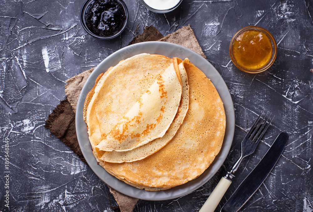 Pancakes crepes with different jam and cream Stock Photo | Adobe Stock
