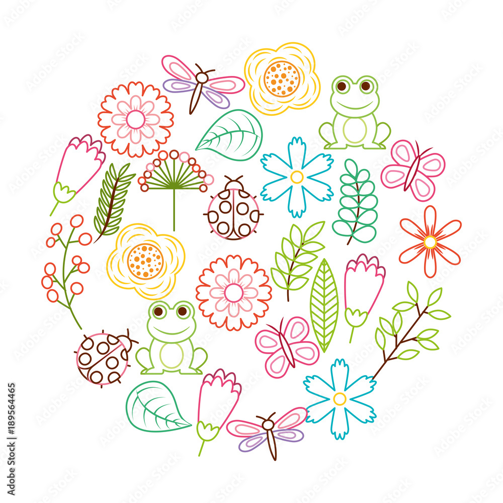 set of spring theme nature flowers love birds butterflies ladybugs frog ...