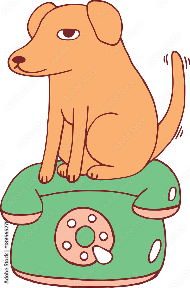 Yellow dog on the retro telephone. Doodle cartoon art. Vector il Stock ...