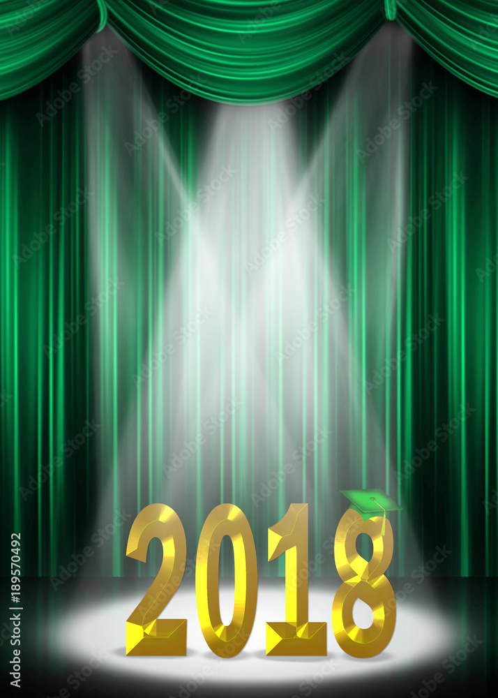 graduation cap on gold 2018 graduation text in spotlight on stage with ...