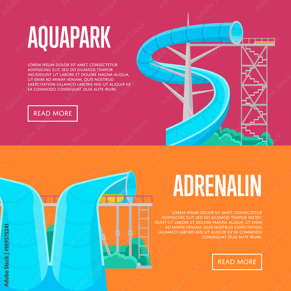 Summer aquapark flyers with blue plastic water slides. Wonderful ...