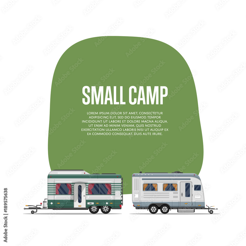 Small camp poster with travel trailers. Car RV trailer caravan, compact ...