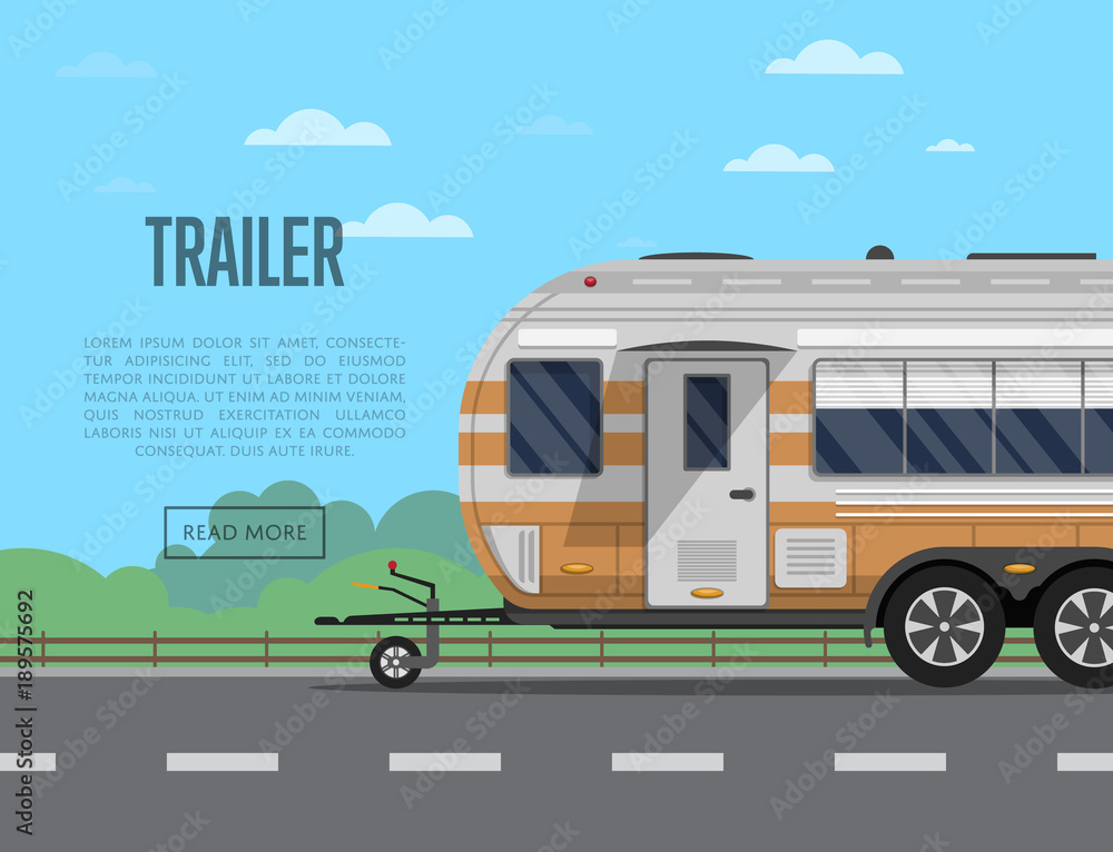 Road trip poster with camping trailer on highway. Side view car RV ...