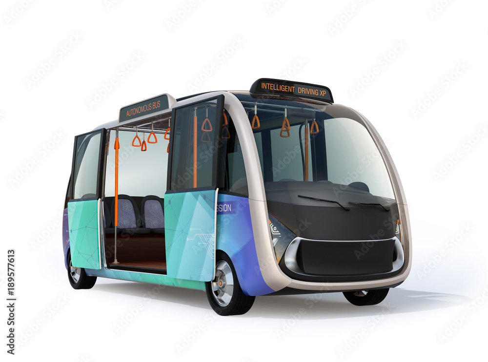 Autonomous shuttle bus with open door isolated on white background. 3D ...