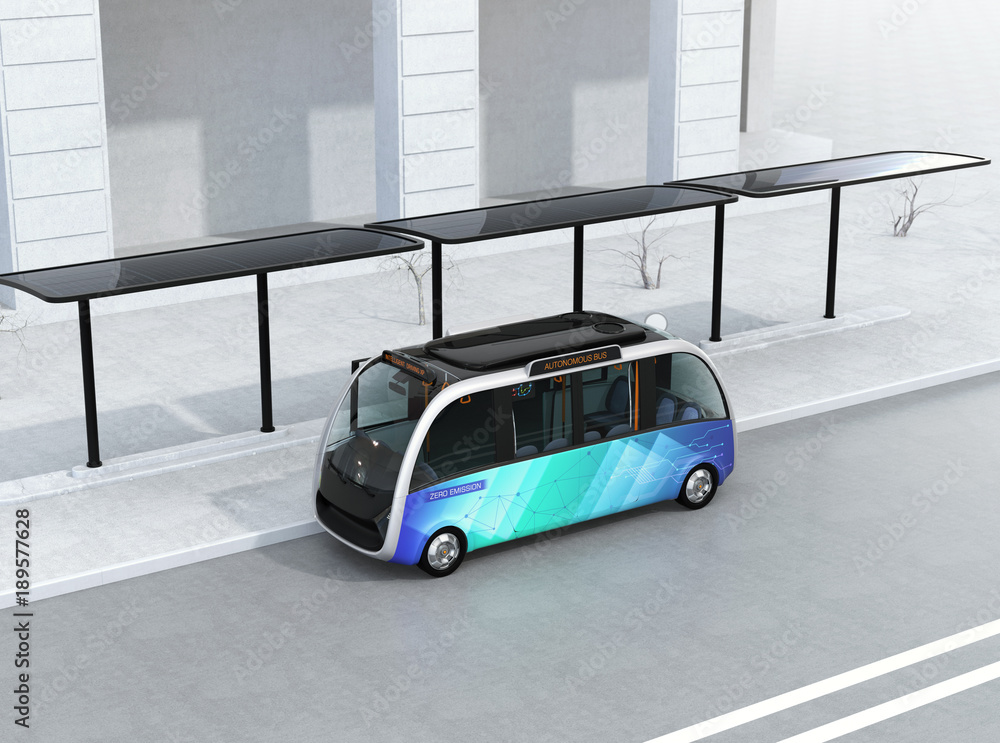 Self-driving shuttle bus waiting at bus station. The bus station ...