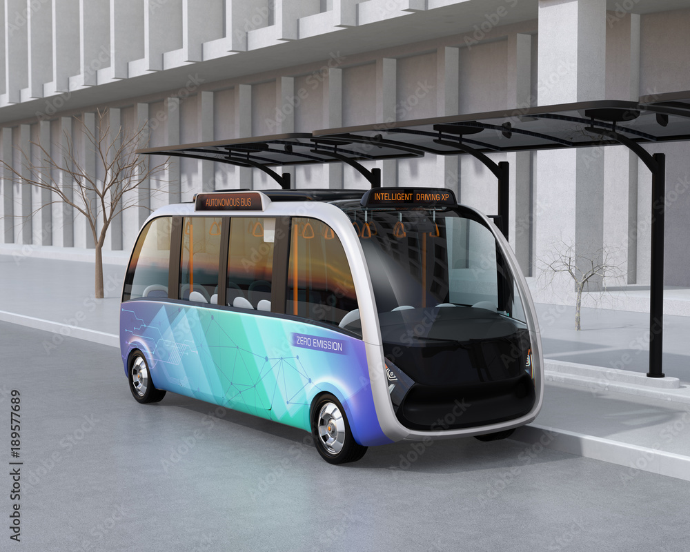 Self-driving shuttle bus waiting at bus station. The bus station ...