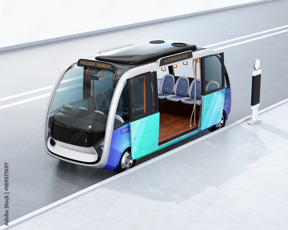 Autonomous shuttle bus waiting at bus station. 3D rendering image ...