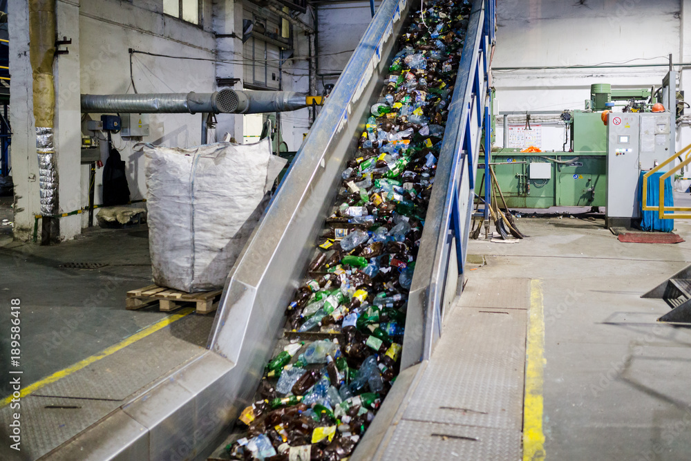 production line for the processing of plastic waste in the factory ...