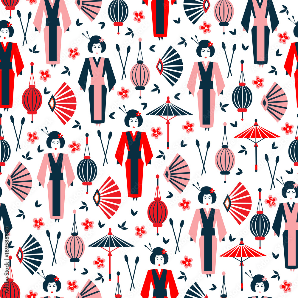 Japan seamless pattern, Japanese vector symbols with geisha, fan ...