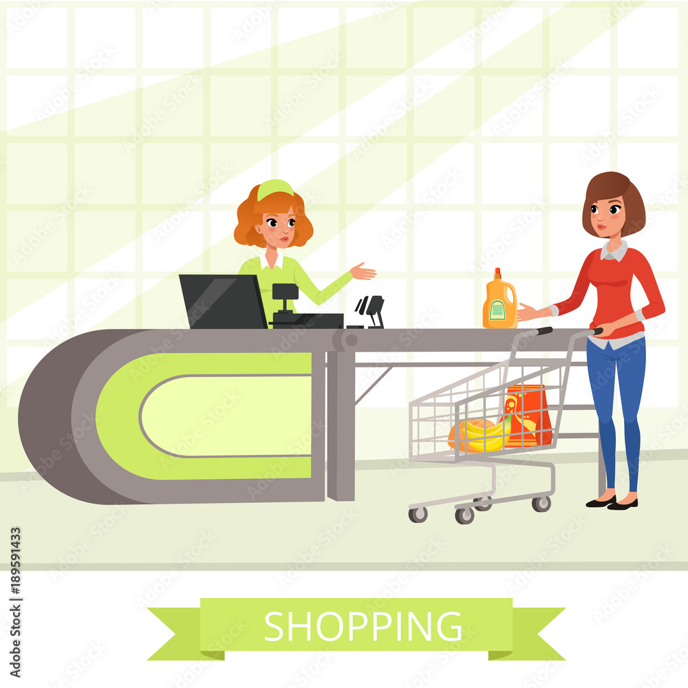 Supermarket store cashier and customer with grocery shopping cart ...