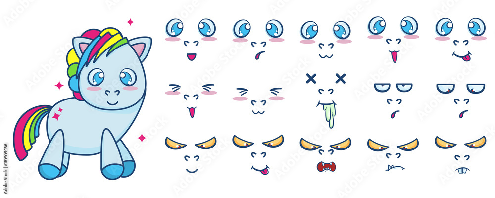 Vector set of standing cute pony with different face emotions. Cute ...