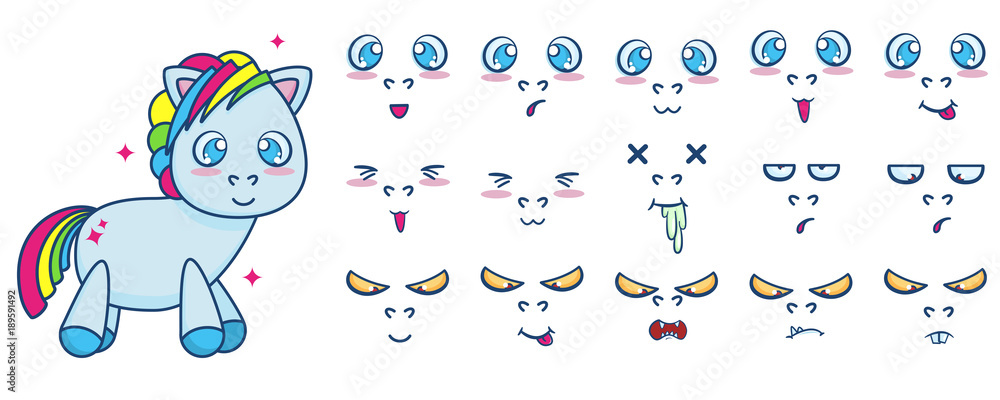 Vector set of standing little pony with different face emotions. Cute ...
