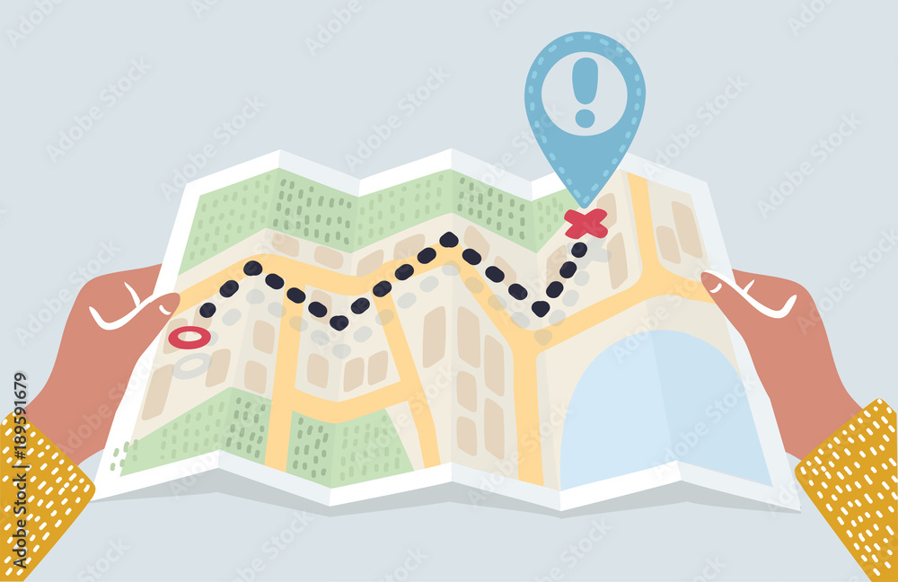 Hands holding abstract city map with pin. Folded Map in man hand Stock ...