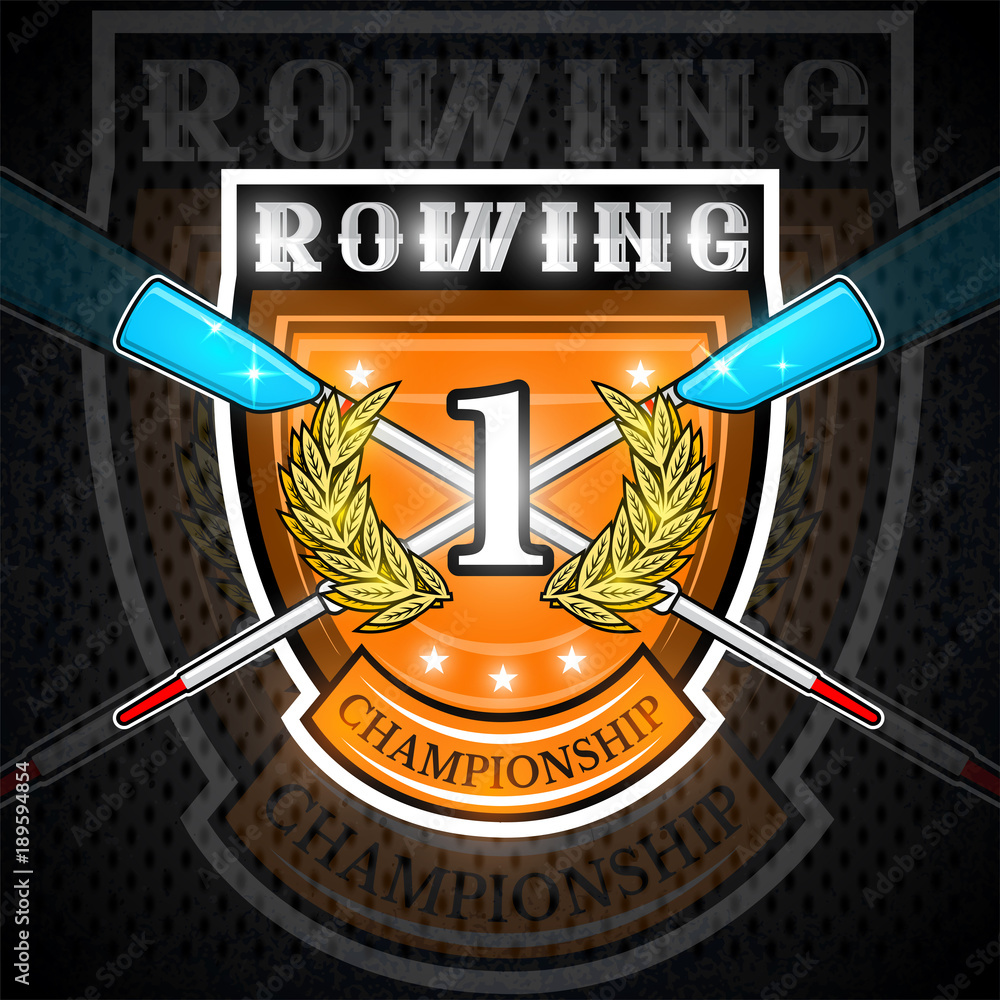 Modern crossed oars for rowing with number one in the middle of golden ...
