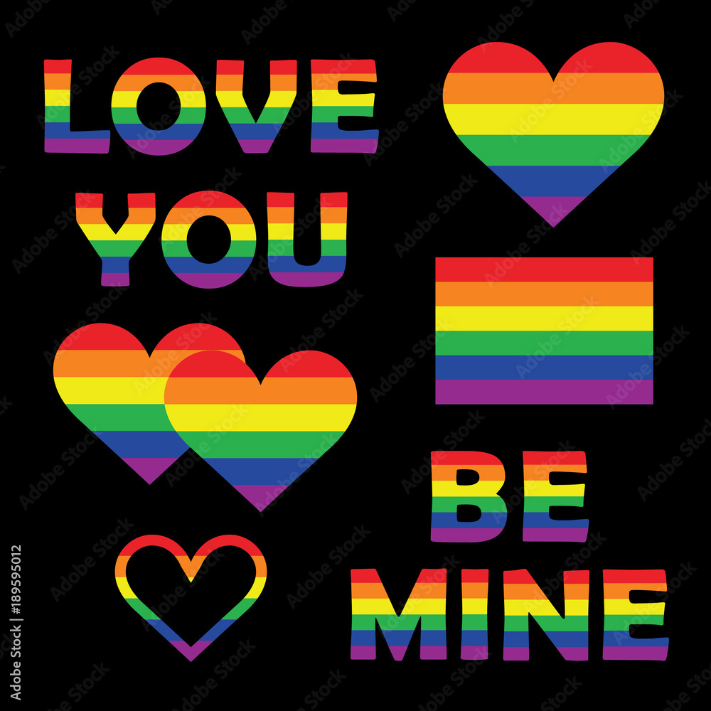 Set Collection Of Gay Pride Elements With Rainbow Spectrum Heart Shapes