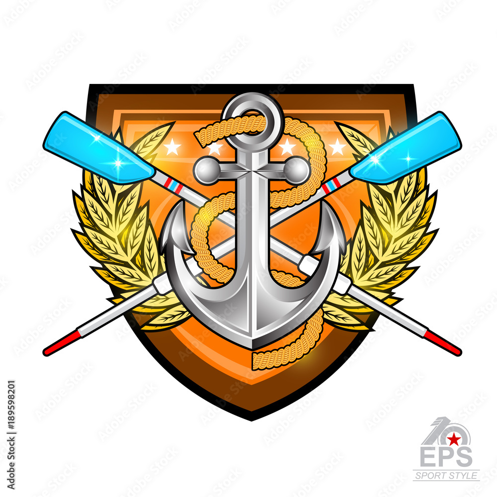 Modern crossed oars for rowing with anchor in the middle of golden ...