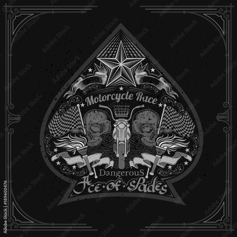 Motorbike front view between two skulls with flags and torch nside ace ...