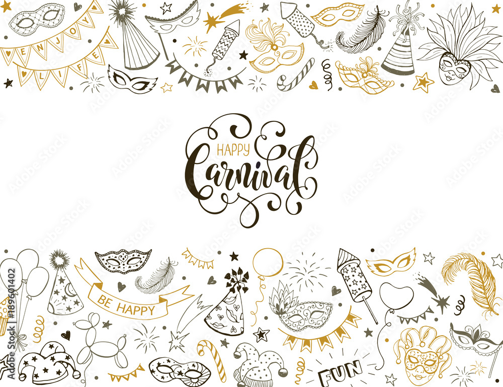 Horisontal carnival vector composition. Carnival objects in golden ...