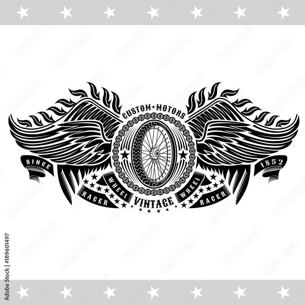 Motorbike wheel in center round chain frame between wings and ribbon ...