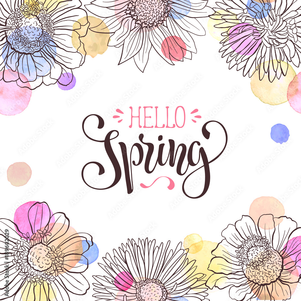 Hello Spring text. Spring wording with floral elements and watercolor ...