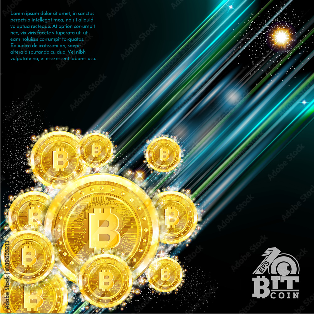 Dark background with bit coins flying with speed of light and motion ...