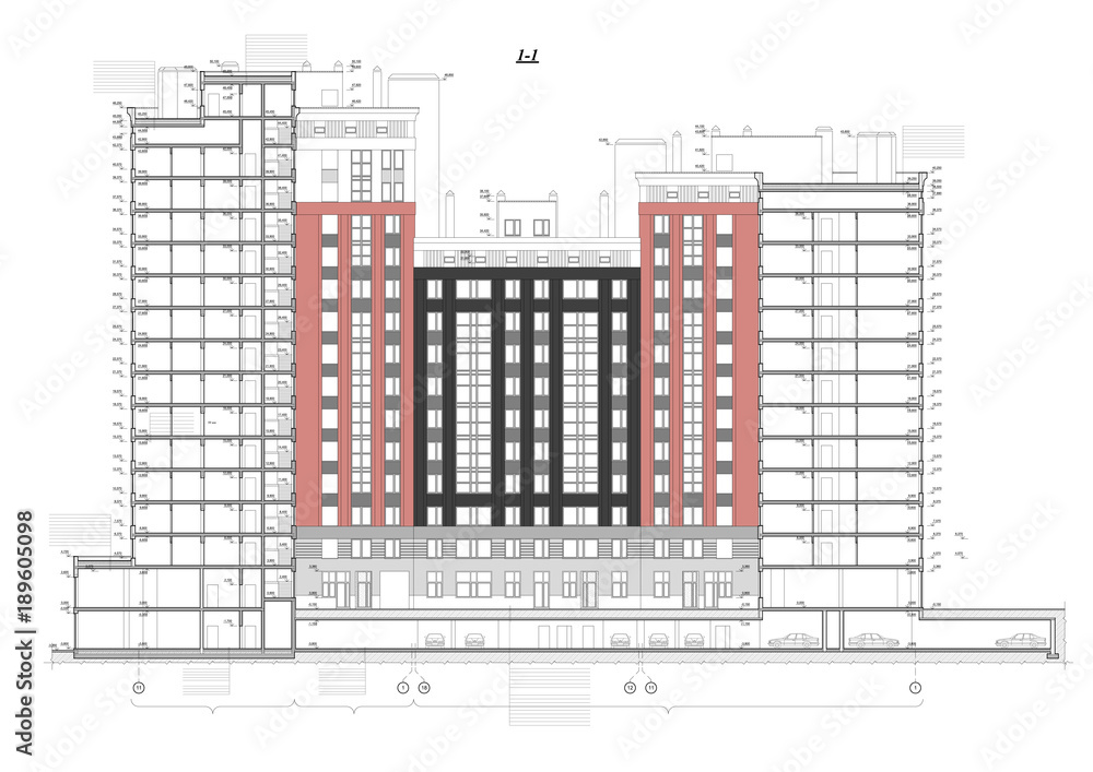 Detailed architectural plan of multistory building with underground ...