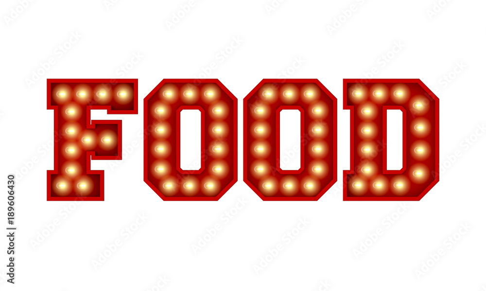 Food word made from red vintage lightbulb lettering isolated on a white ...