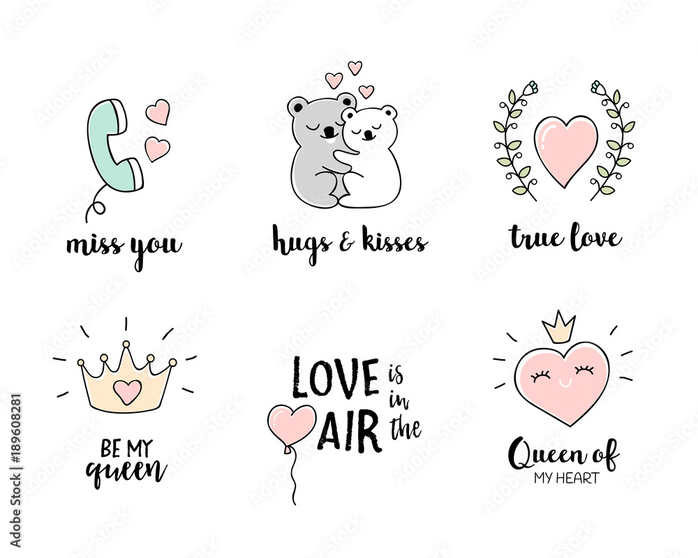 Love doodles set, hand drawn love symbols and Valentines day quotes ...