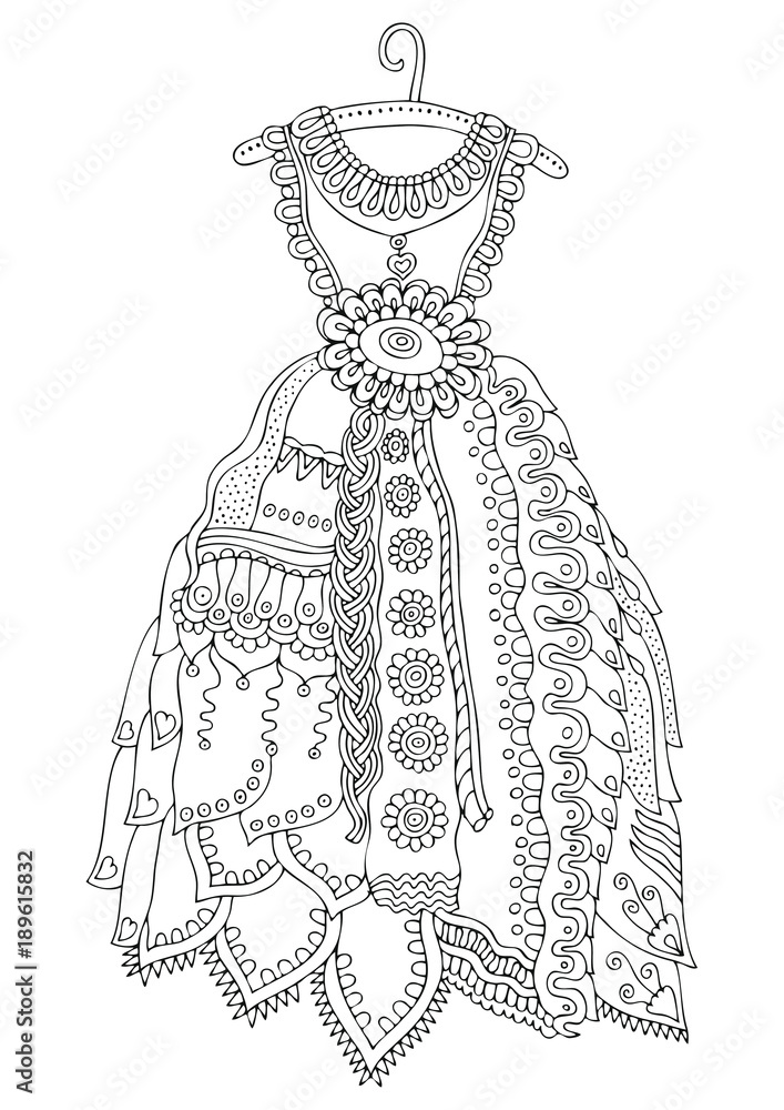 Women's lace dress. Hand drawn illustration for coloring page, poster ...