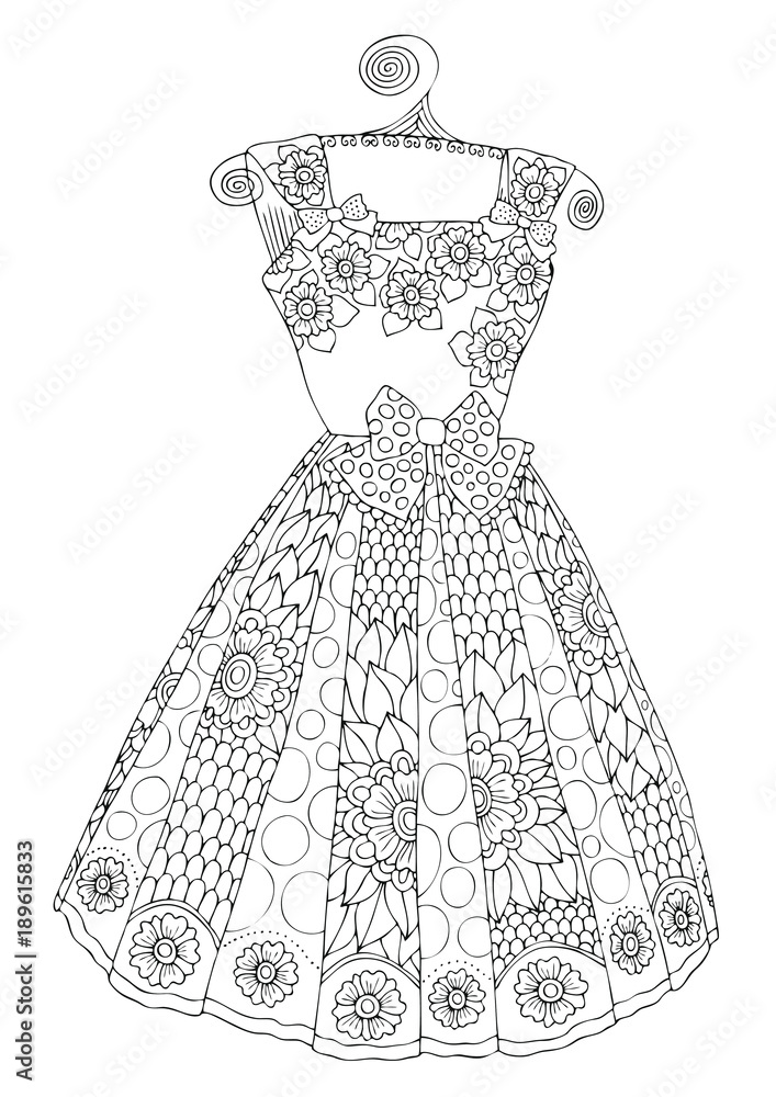 Women's lace dress. Hand drawn illustration for coloring page, poster ...