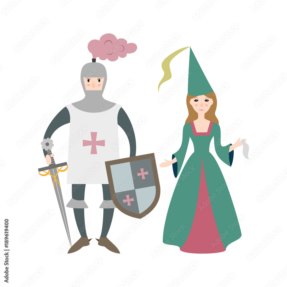 Cartoon knight with princess on white background. Vector illustration ...
