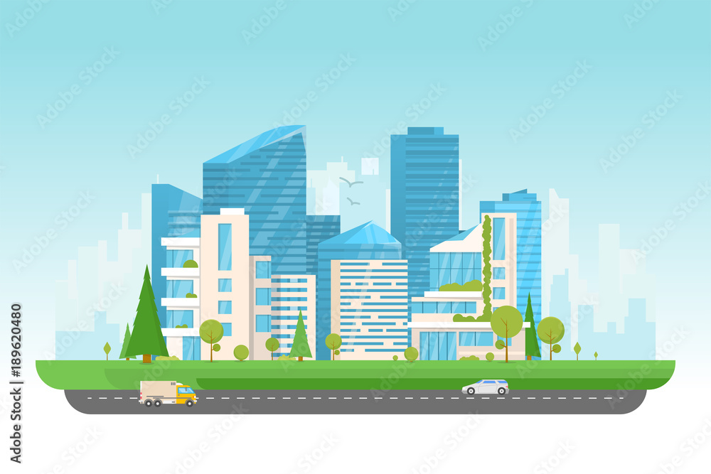 City vector illustration. Small building, big skyscrapers and large ...
