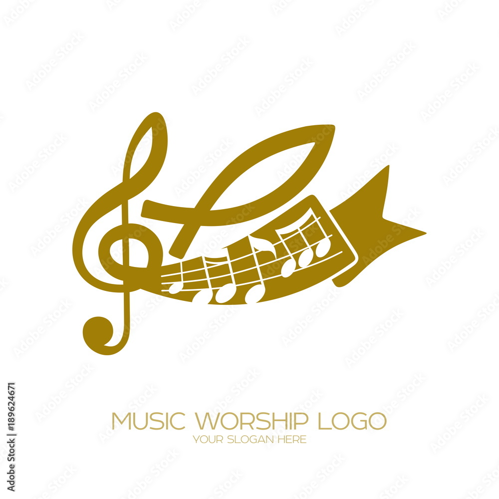 Music logo. Christian symbols. Notes, a treble clef and a fish - a ...