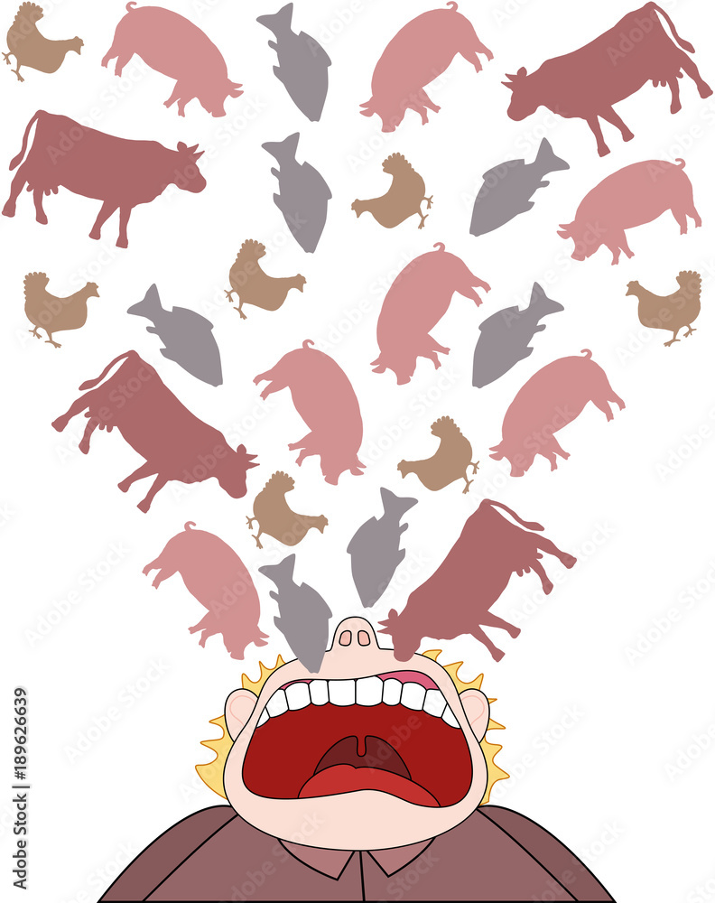 Meat consumption - symbolic comic illustration of a man who eats beef ...