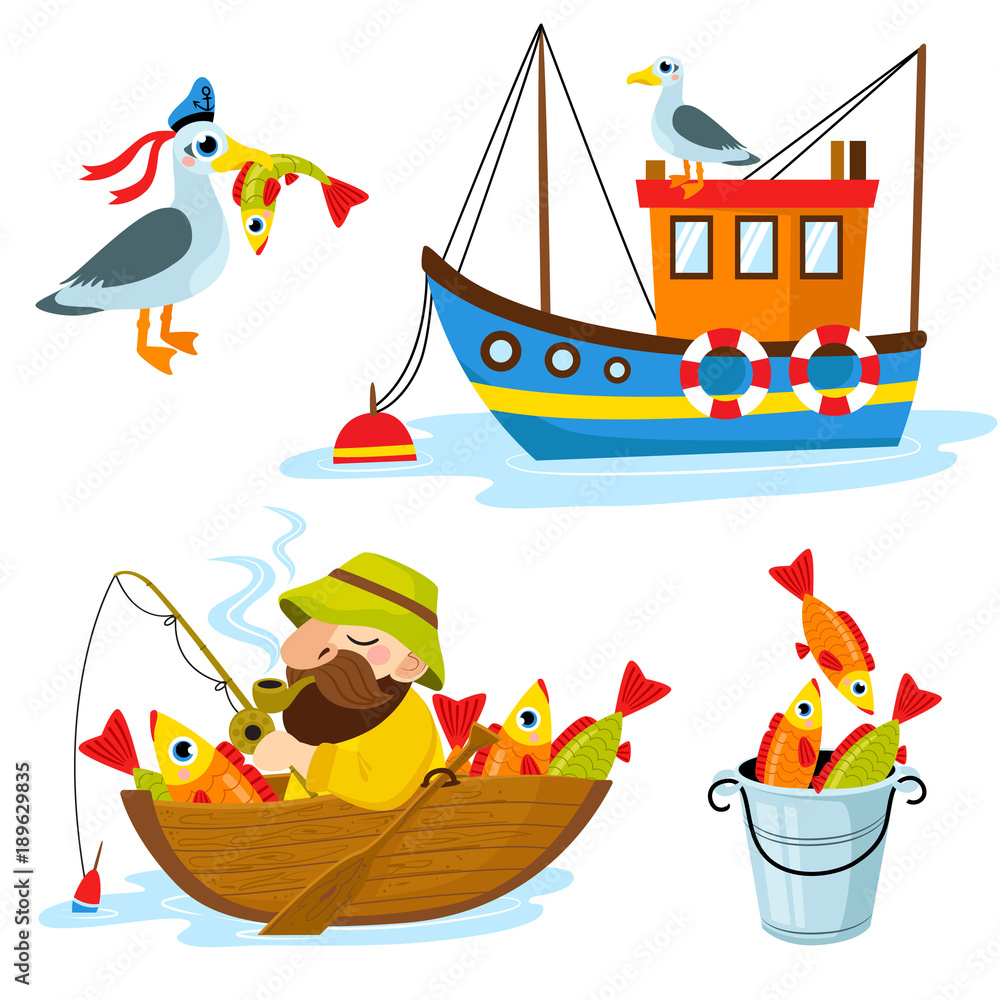 Set of happy fisherman character hold big fish, seagull, fish and boat ...