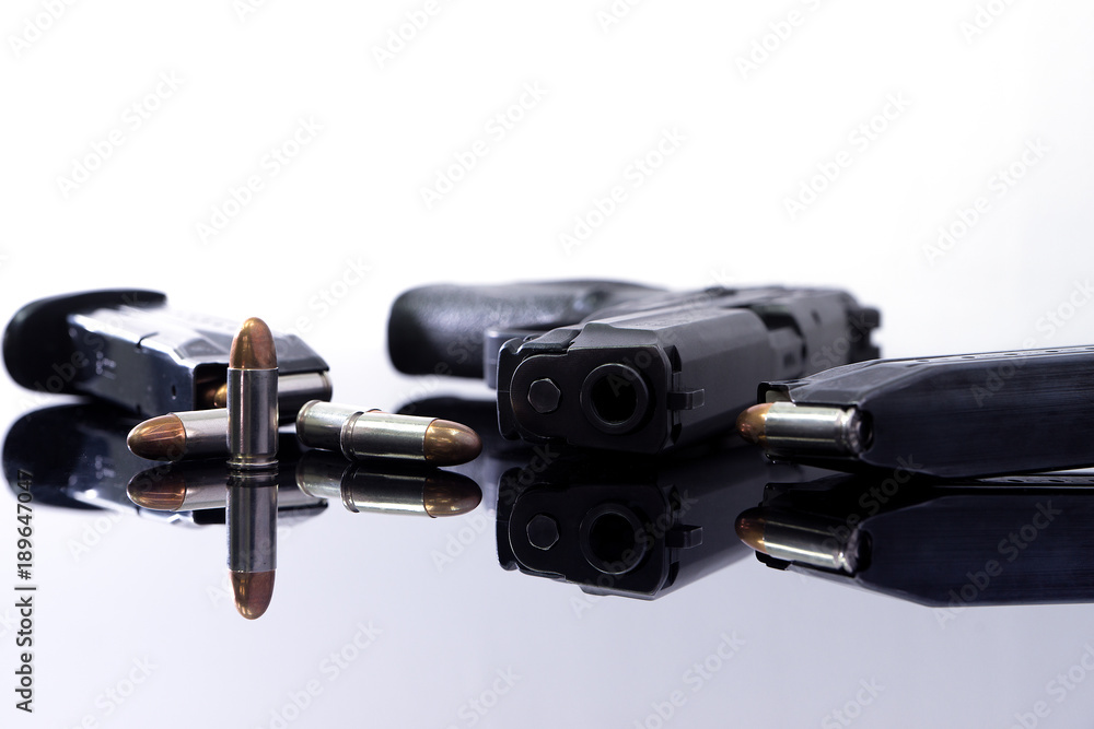 9mm Pistol gun with ammunition, Bullets and magazine on white ...