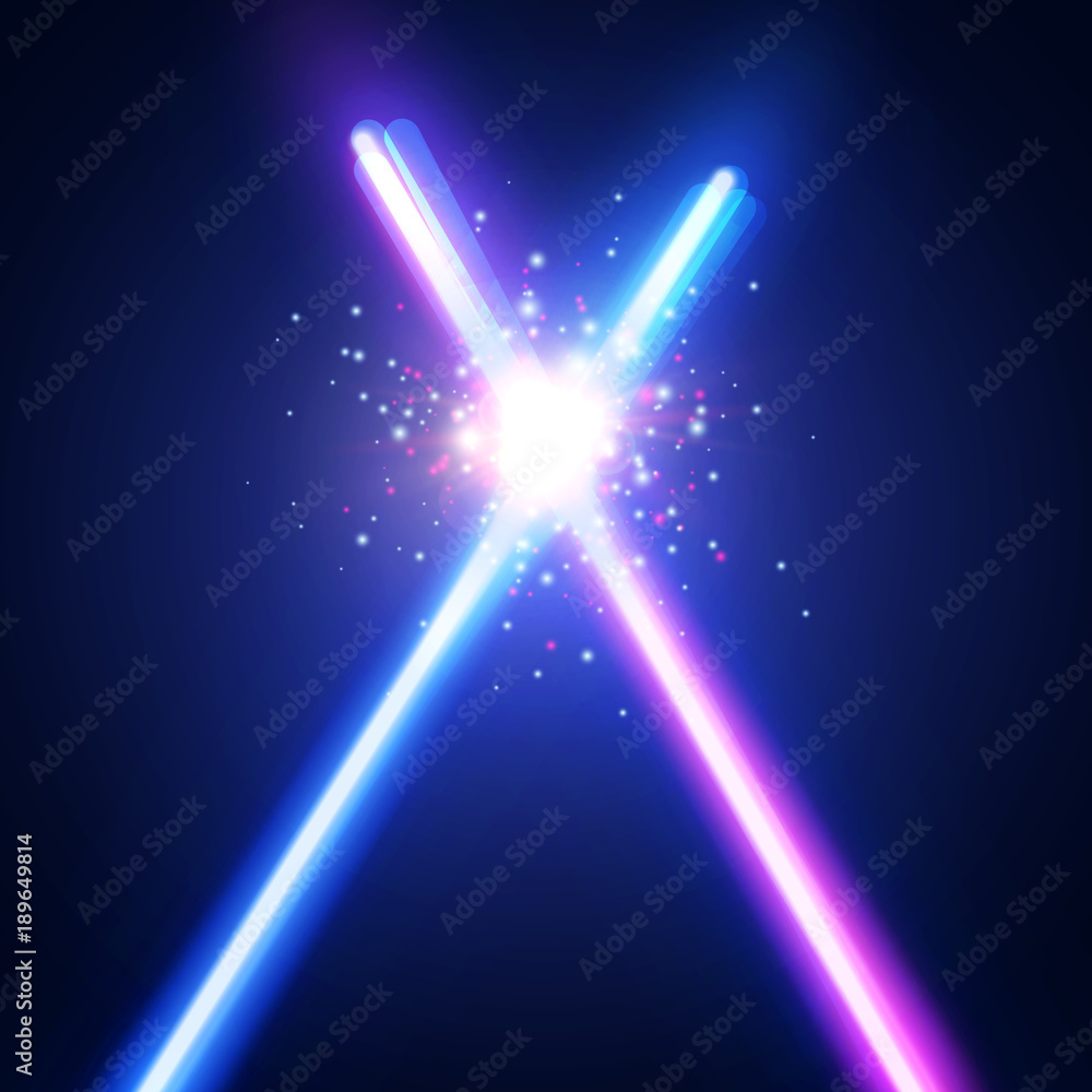 Abstract background with two crossed light neon swords fight. Glowing ...