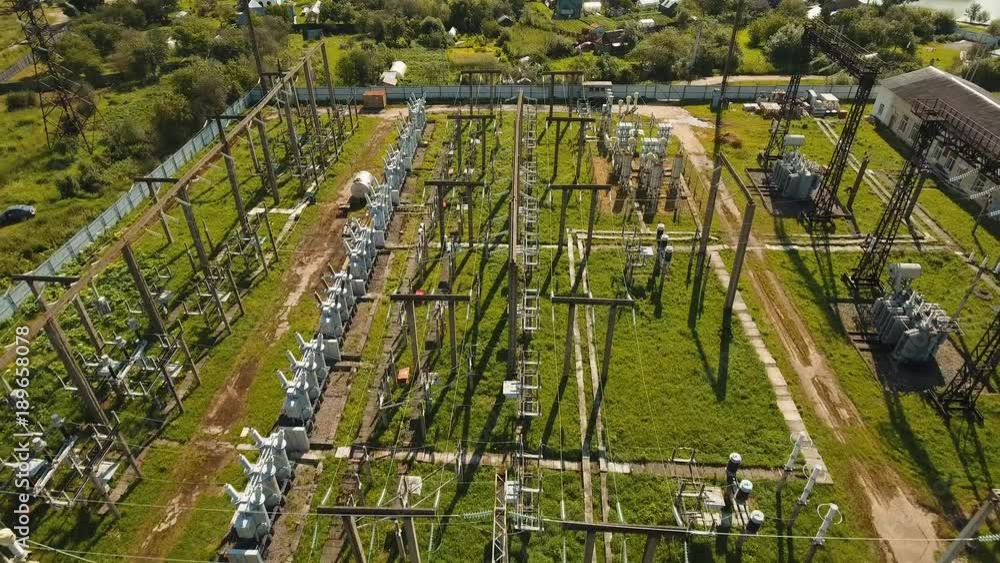 Aerial view Power plant, transformation station, cables and wires. High ...
