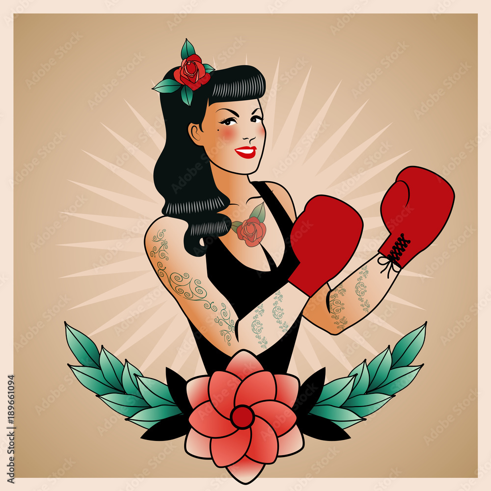 Vettoriale Stock Emblem of pinup boxing girl, with flowers, tattoos and ...