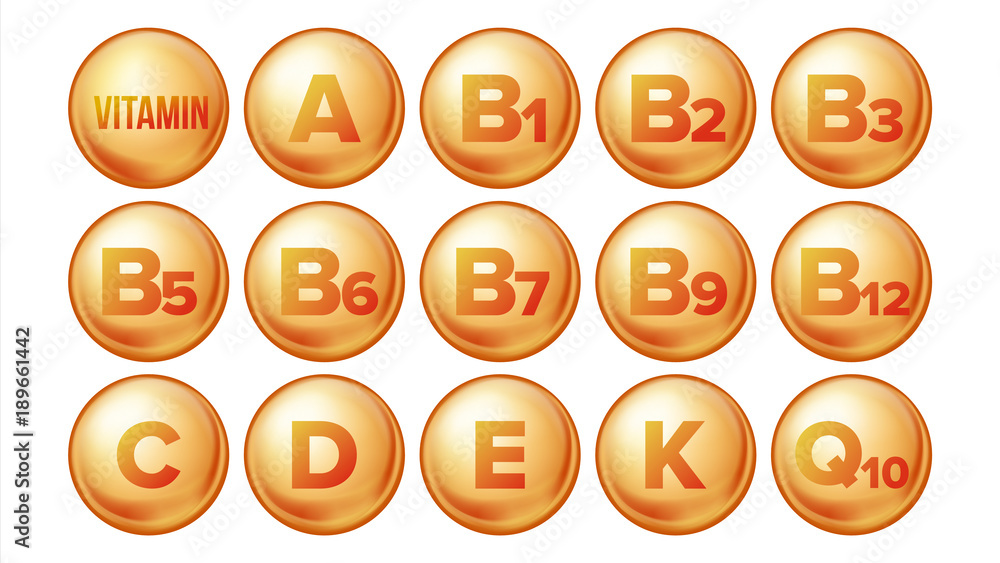 Vitamin Icons Set Vector. Organic Vitamin Gold Pill Icon. Medicine ...