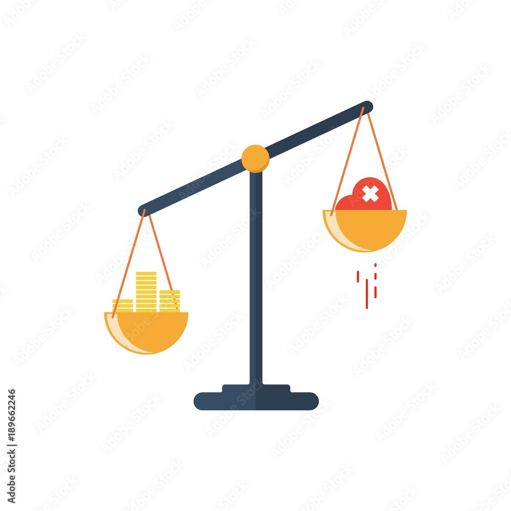 Scales with two bowls. On one side of the scale is money, on the second ...