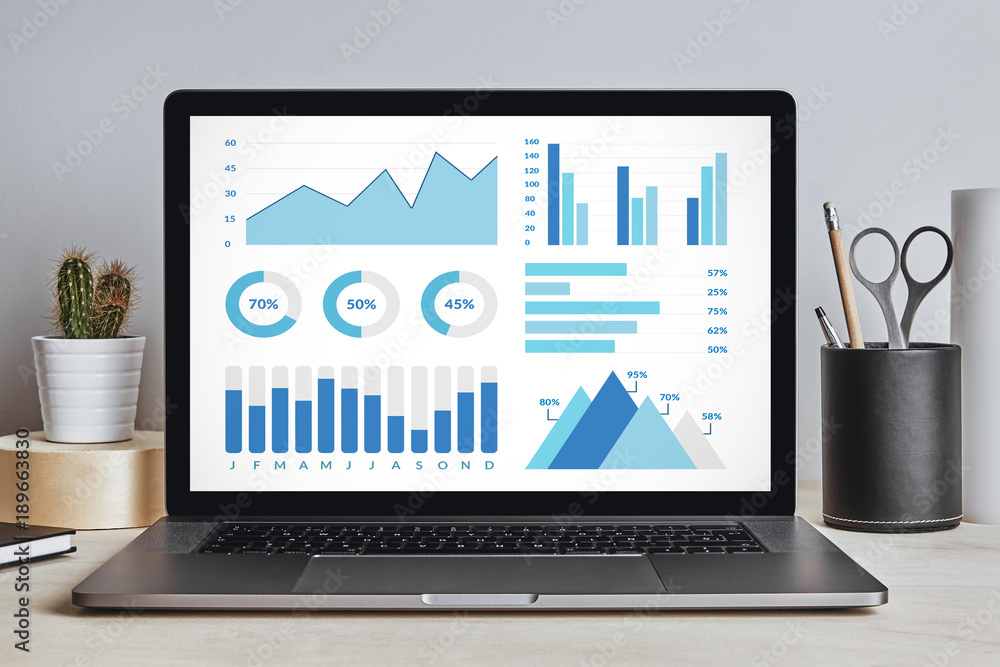 Graphs and charts elements on laptop screen on modern desk. All screen ...